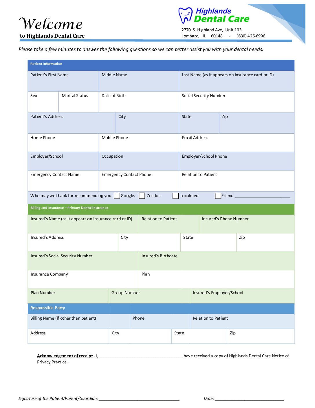 New patient cover sheet - Highlands Dental Care - Dr. Sharma